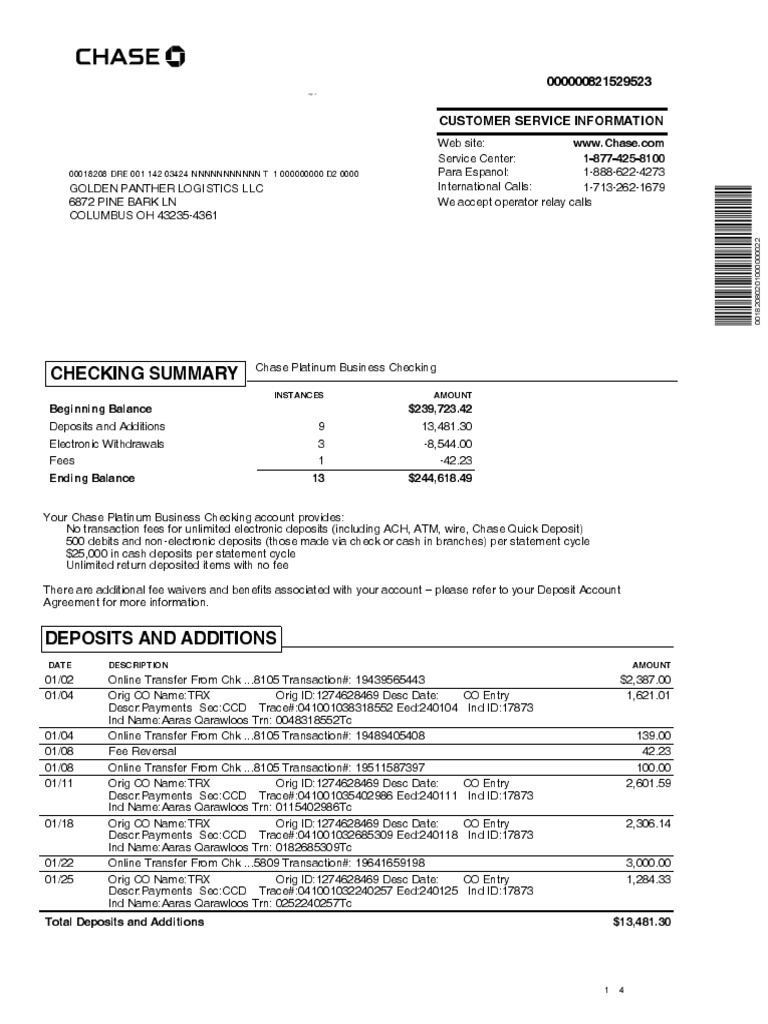 Chase Platinum Business Checking Summary | PDF | Fee | Transaction Account