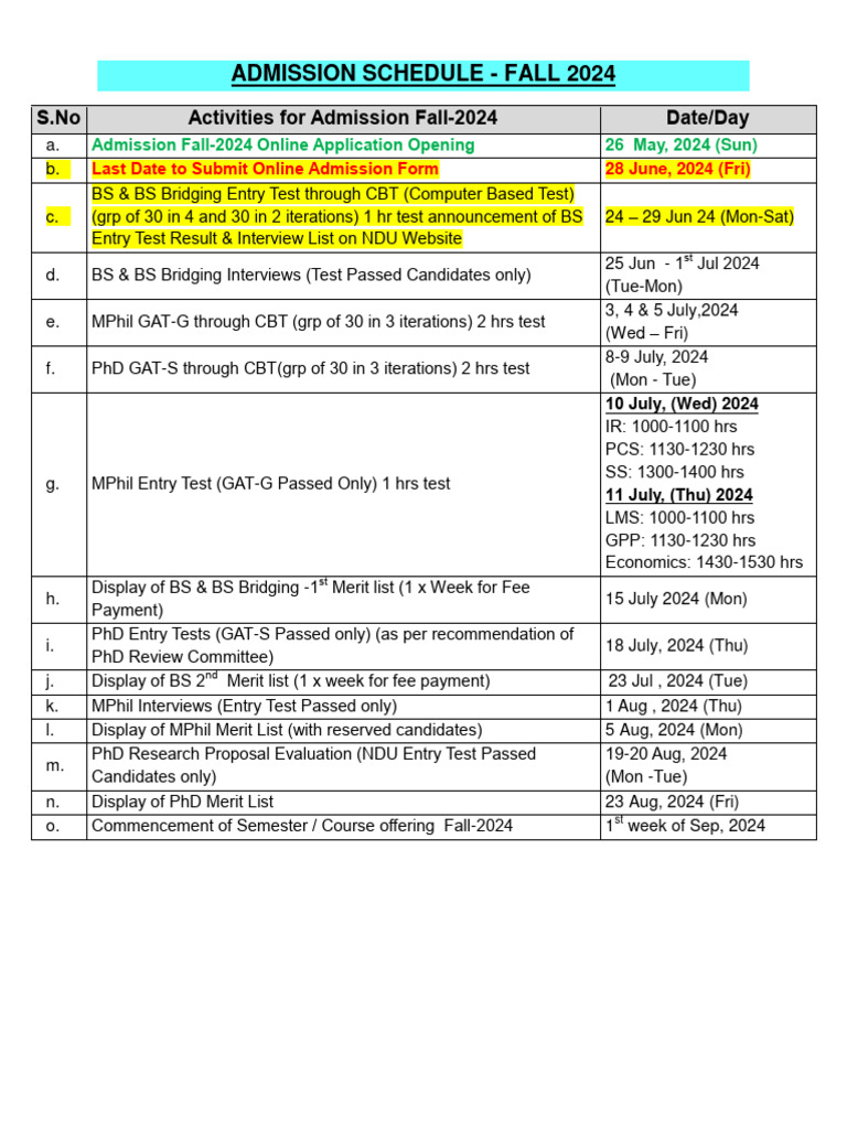 REVISED Admission Schedule Fall 2024 | PDF | Academic Degree
