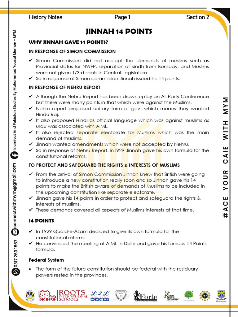 18. Jinnah 14 Points Notes and Solved Past Papers 2023-24 | Download ...