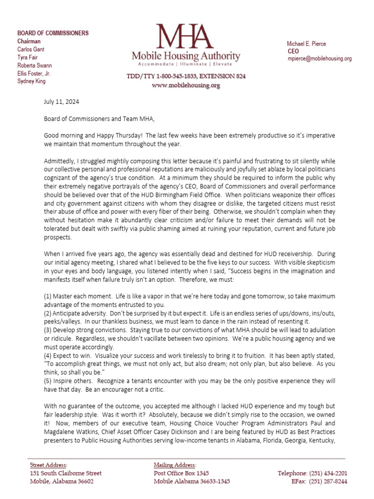 Letter To MHA Board of Commissioners and Team MHA 7.11.24 | PDF | Law