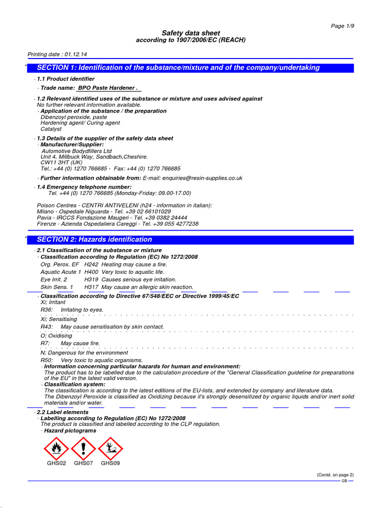 MSDS BPO Paste Hardener | PDF | Dangerous Goods | Chemistry
