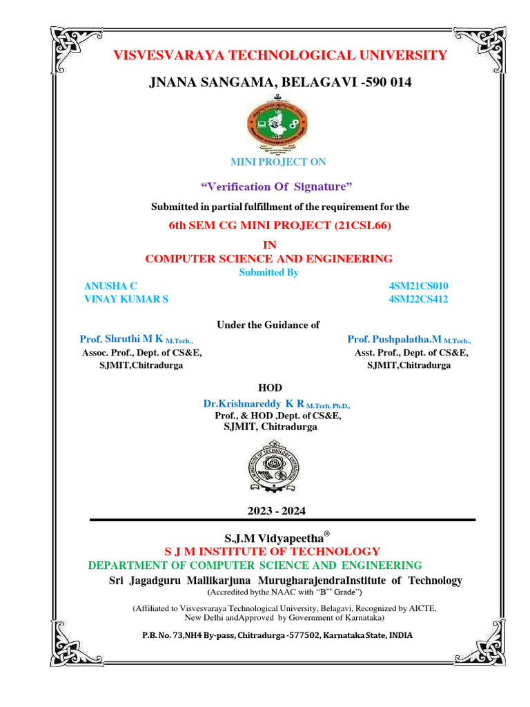CG Verification of Signature Mini Project Report Front Page | PDF | Signature | Authentication
