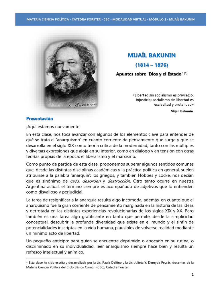 CLASE 13 - Mijail Bakunin | PDF | Anarquismo | Dialéctico