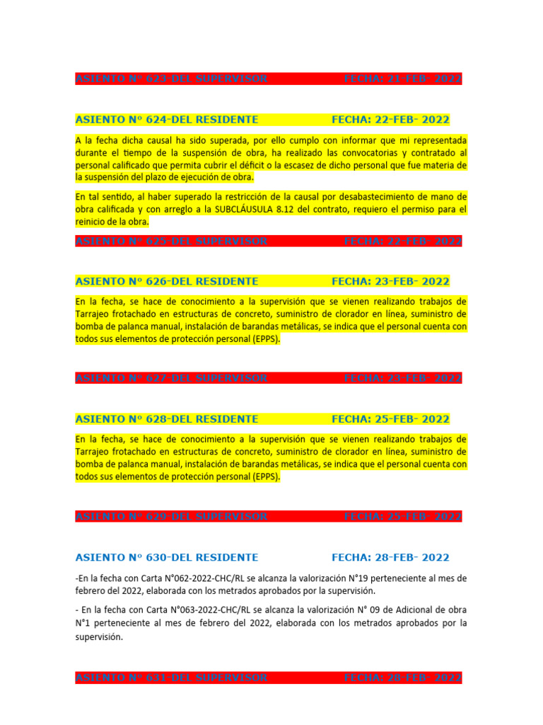 ASIENTO DE CUADERNO DE OBRA - FEBRERO 2022 | PDF