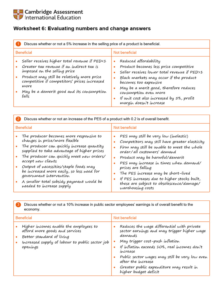 AO3 Worksheet 6 Evaluating Numbers and Changes Answers | PDF | Taxes | Elasticity (Economics)