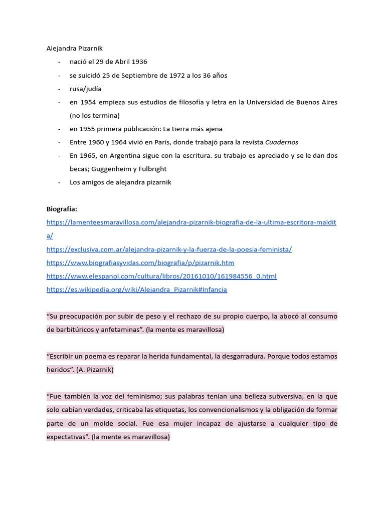 Vida y legado de Alejandra Pizarnik | PDF