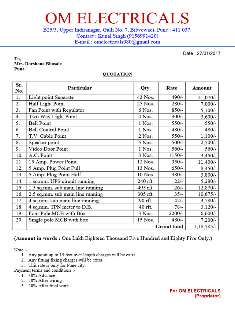 Om Electricals Bill | PDF | Electrical Wiring | Electrical Engineering