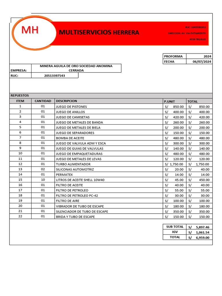 Multiservicios Herrera PROFORMA - 26 | PDF | Ingeniería mecánica | Motores