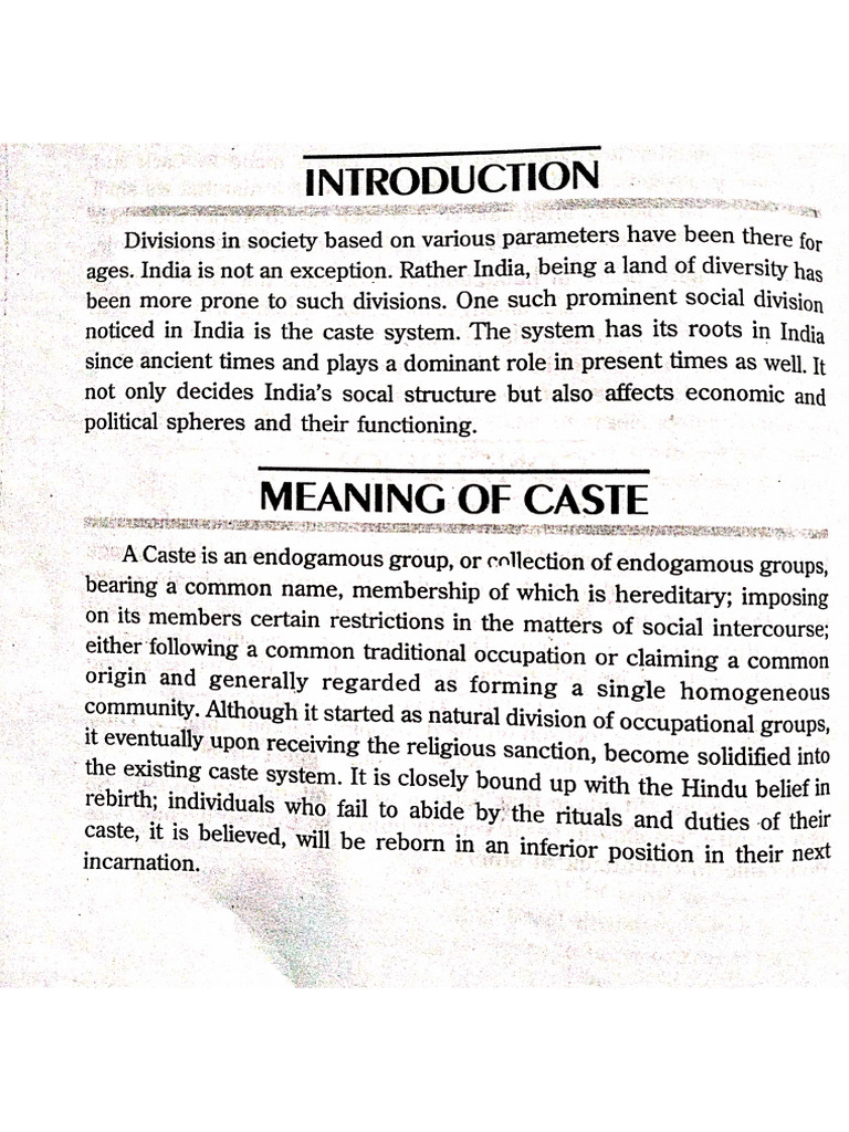 Caste Introduction, Meaning and Definitions | PDF