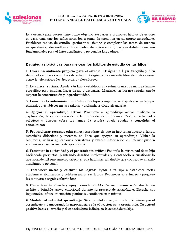 Hábitos de Estudio para Padres 2024 | PDF | Aprendizaje | Escuelas
