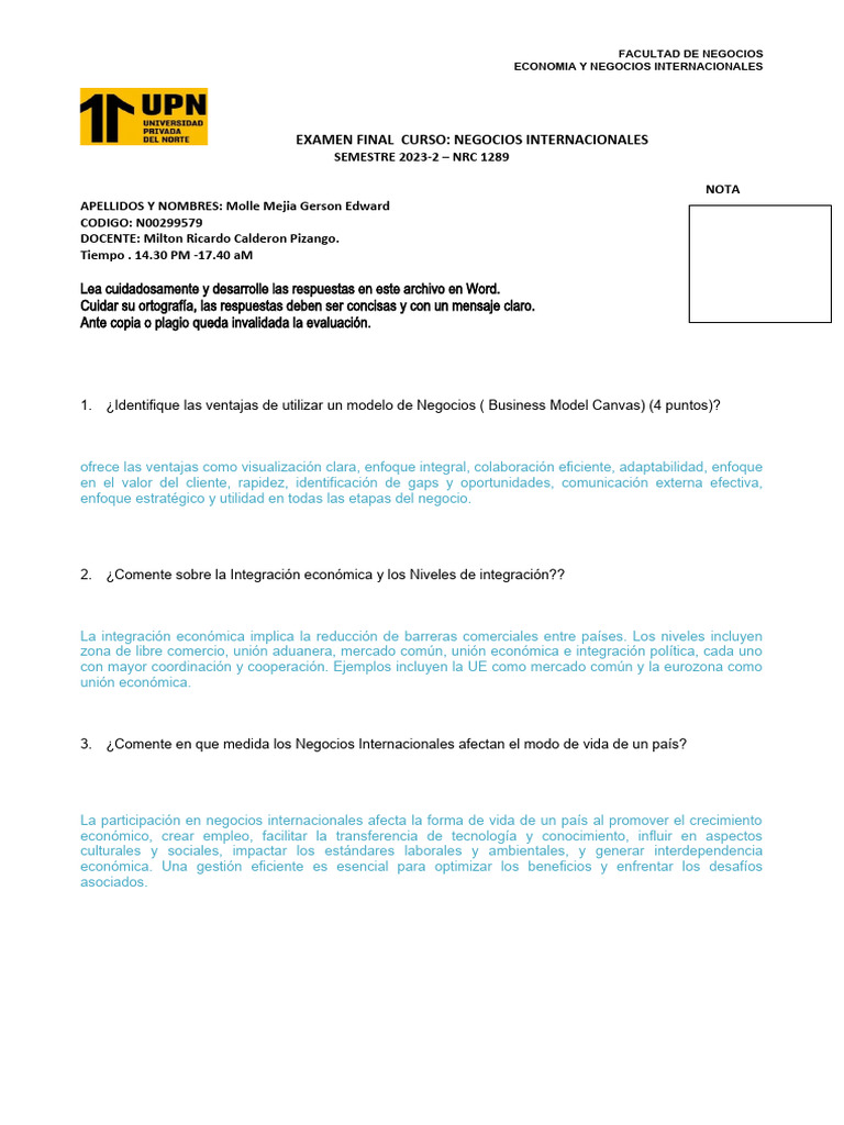 Examen Finall en FN - 1289 | PDF | Arancel | Negocios Internacionales