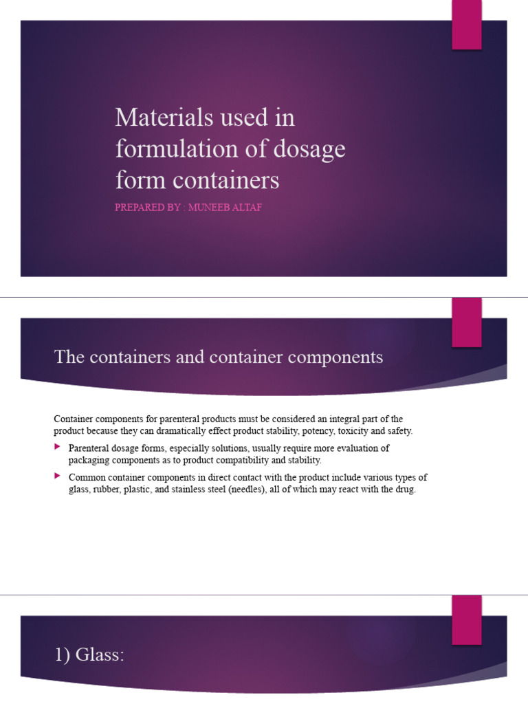 Materials used in prep of Containers and closures | PDF | Plastic | Glasses