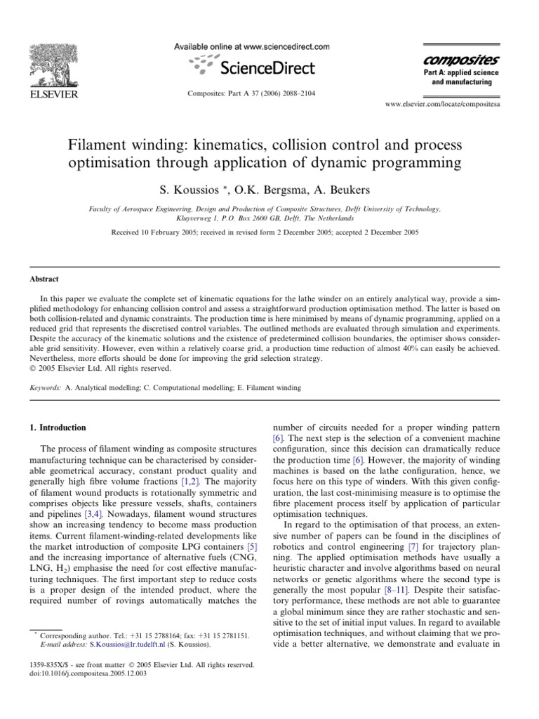 Filament Winding Kinematics, Collision Control and Process Optimisation Through Application of ...