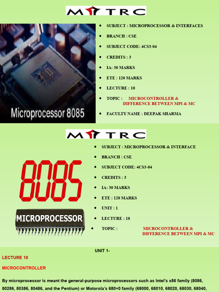 Lecture 10 - Microcontroller & Comparision of Mpi & MC | PDF | Microcontroller | Microprocessor