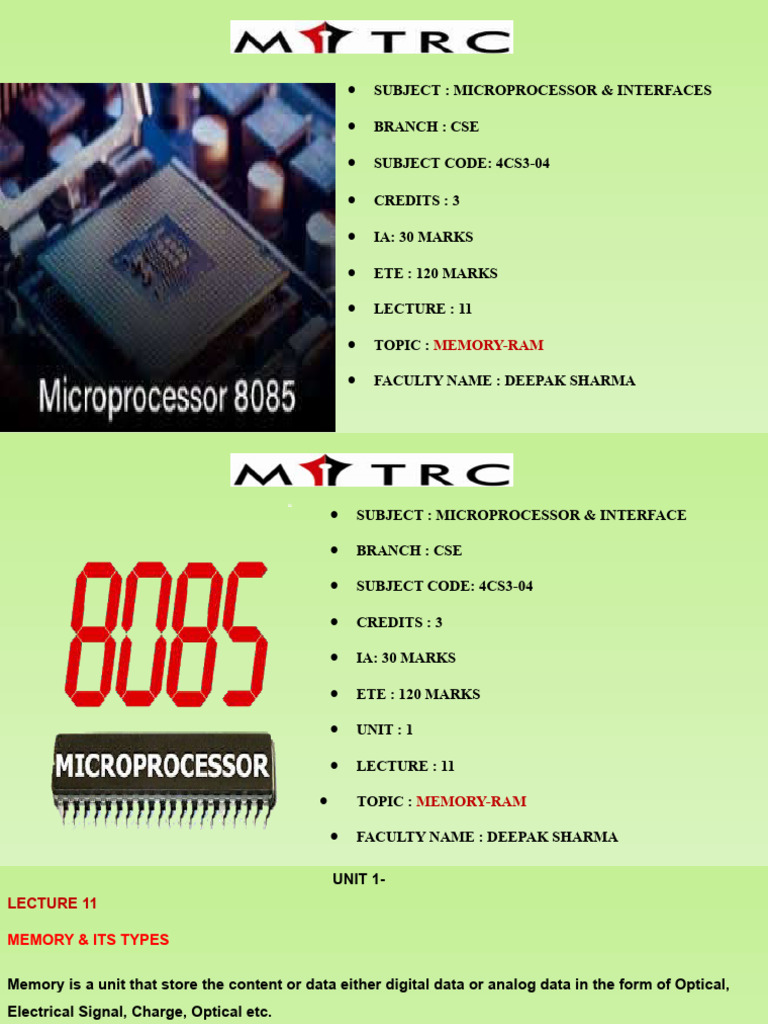 Lecture 11 - Memory - Ram | PDF | Random Access Memory | Dynamic Random Access Memory