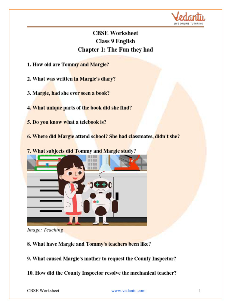 CBSE Class 9 English Chapter 1 The Fun They Had Worksheet - Download ...