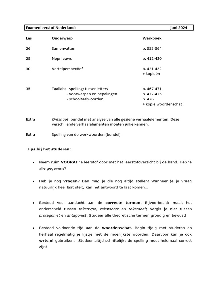 Leerstofoverzicht Nederlands Derde Trimester 2024 | PDF