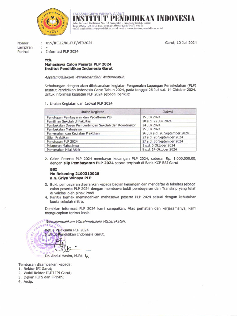 Yth Mahasiswa Peserta PLP 2024_Jadwal Kegiatan | PDF