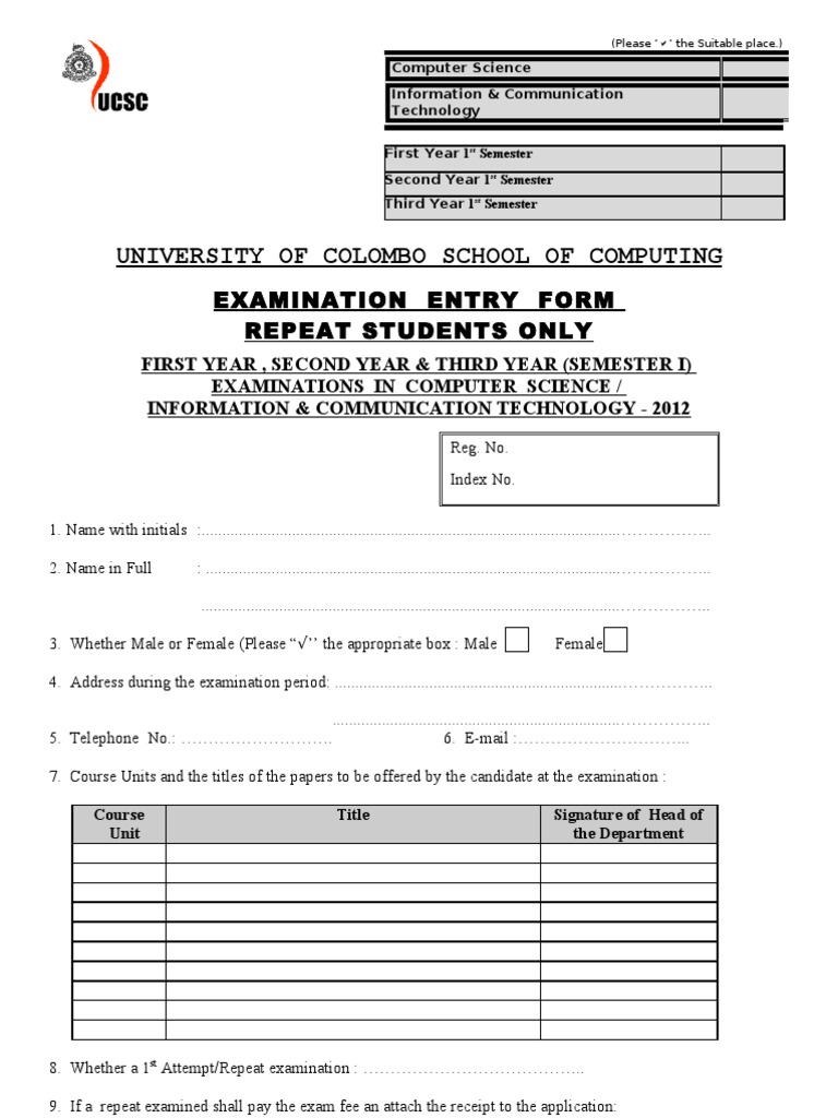 2011-12 Repeat Exam Entry Form | PDF | Technology & Engineering
