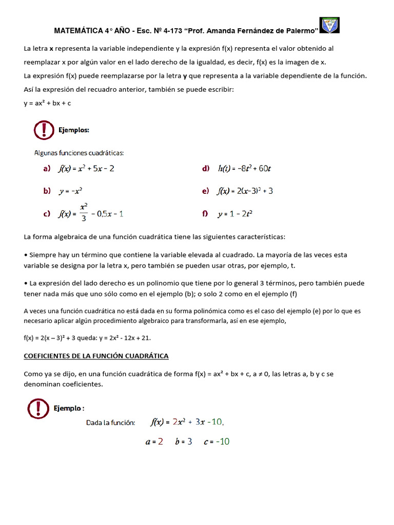 MATEMÁTICA 4to GUÍA N°1 FUNCIÓN CUADRÁTICA-7-16 | PDF | Variable ...