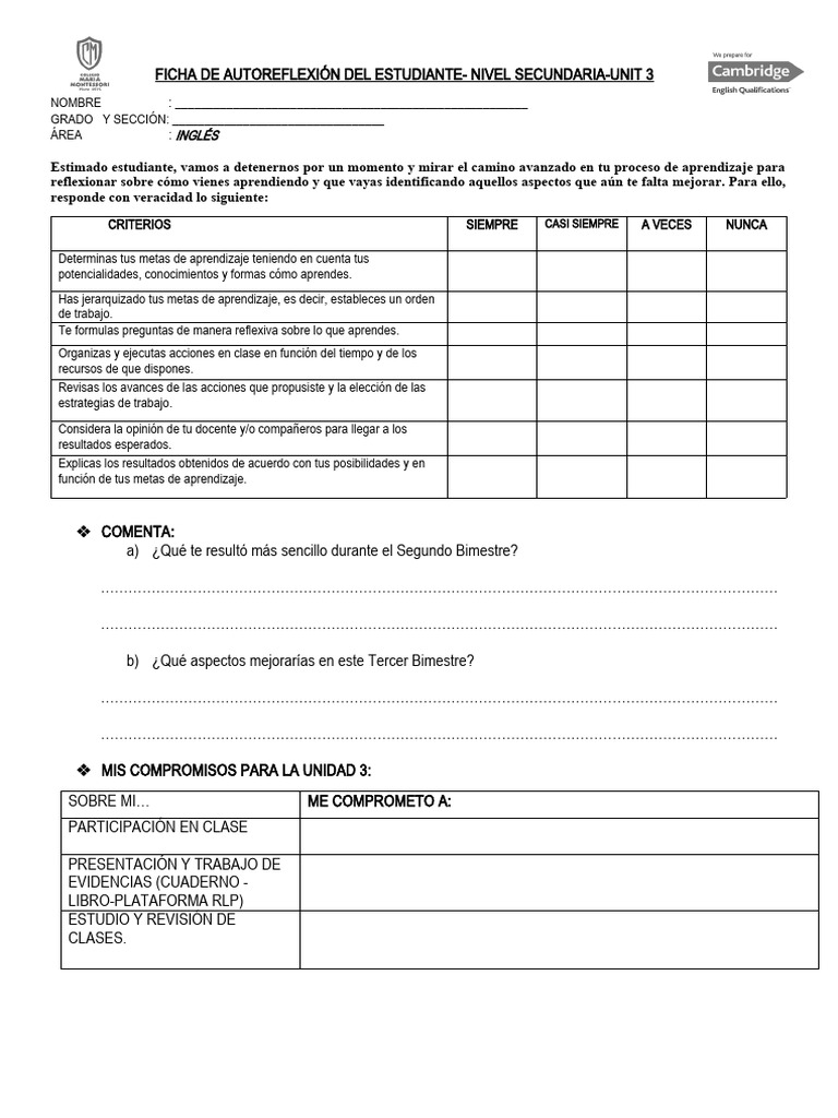 Ficha de Autoreflexion Estudiante-Ing 2022 | PDF