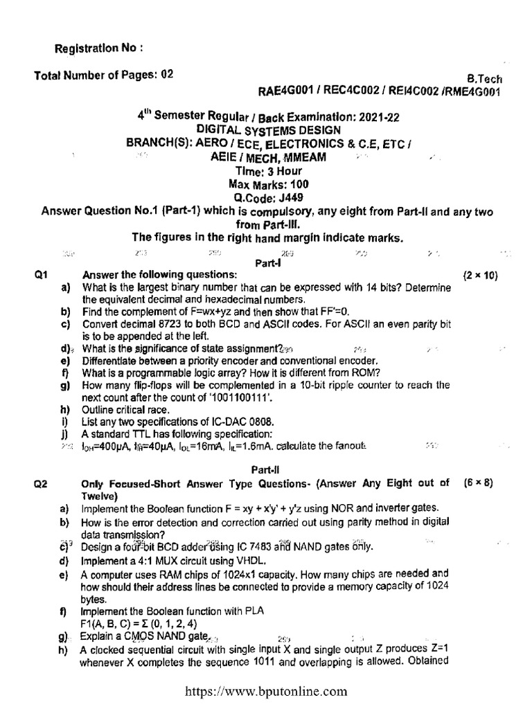 Btech All 4 Sem Digital Systems Design Rae4g001 2022 | PDF