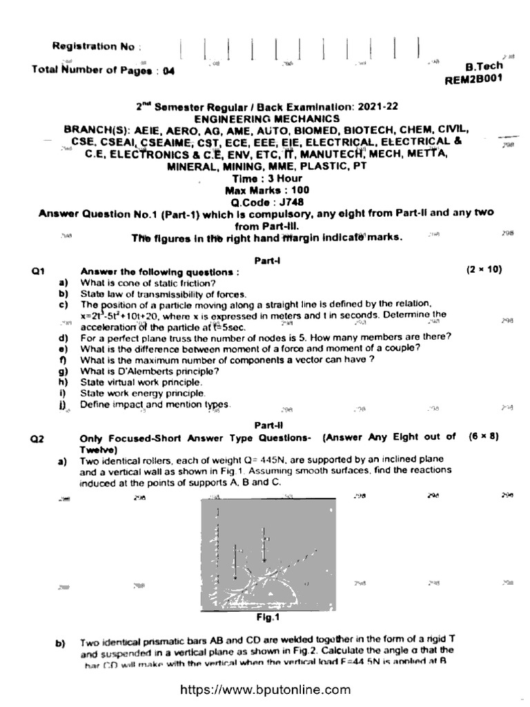 Btech 2 Sem Engineering Mechanics Rem2b001 2022 | PDF