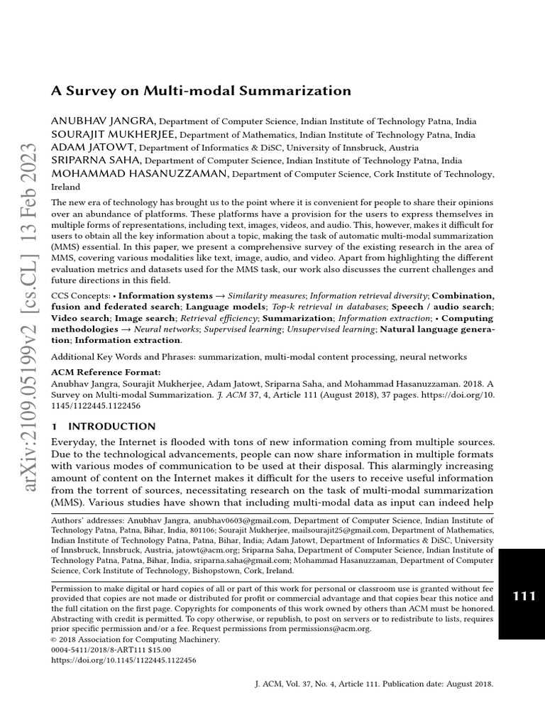 A Survey On Multi Modal Summarization Pdf Information Image Segmentation