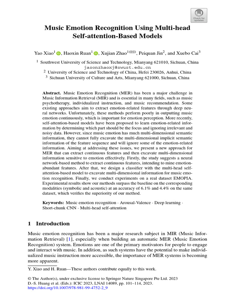 Music Emotion Recognition Using Multi-Head Self-attention-Based Models | PDF | Sensitivity And ...