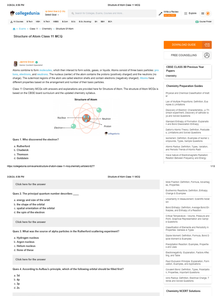 Structure of Atom Class 11 MCQ | PDF | Atoms | Atomic Orbital
