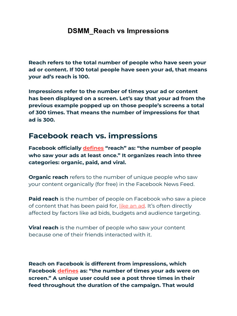 DSMM - Reach Vs Impressions | PDF | Facebook | Cyberspace