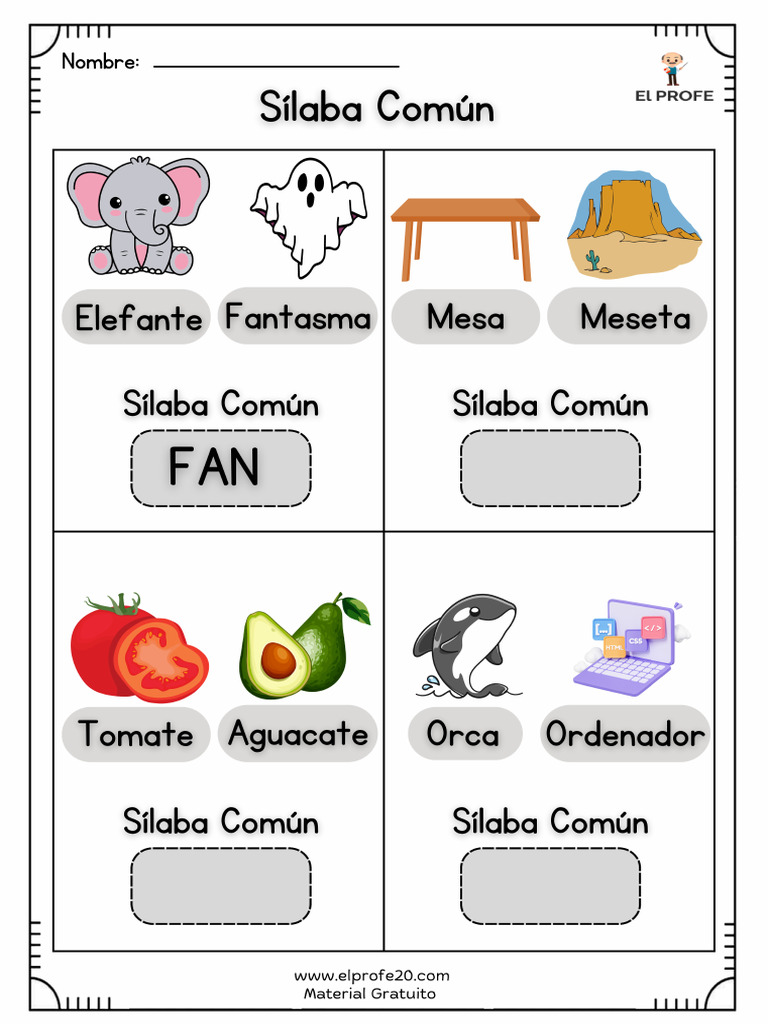 Ejercicios de Silaba Comun Elprofe20 | PDF
