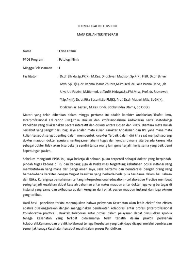 FORMAT ESAI REFLEKSI DIRI MINGGUAN_Erina Utami_PATKLIN | PDF