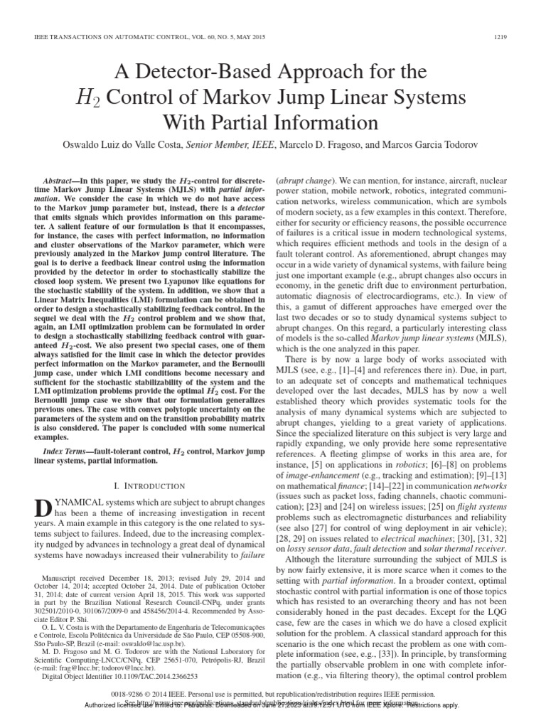 A Detector-Based Approach For The H 2 Control of Markov Jump Linear Systems With Partial ...
