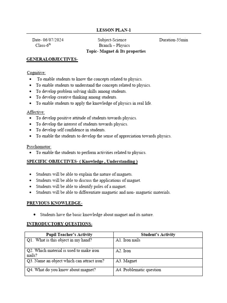 Lesson Plan 1 | PDF | Magnet | Physics