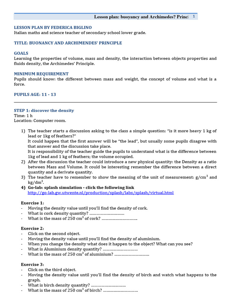 Lesson Plan Buonyancy | PDF | Buoyancy | Density