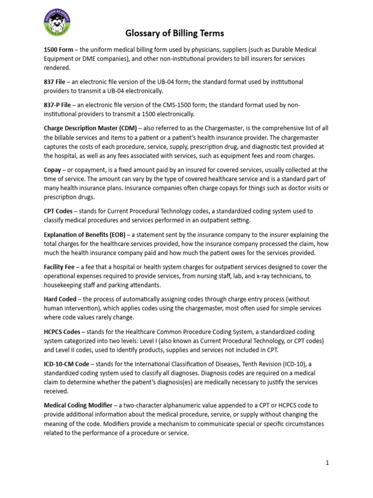 Billing 101 - Glossary of Billing Terms | PDF | Hospital | Medicare ...