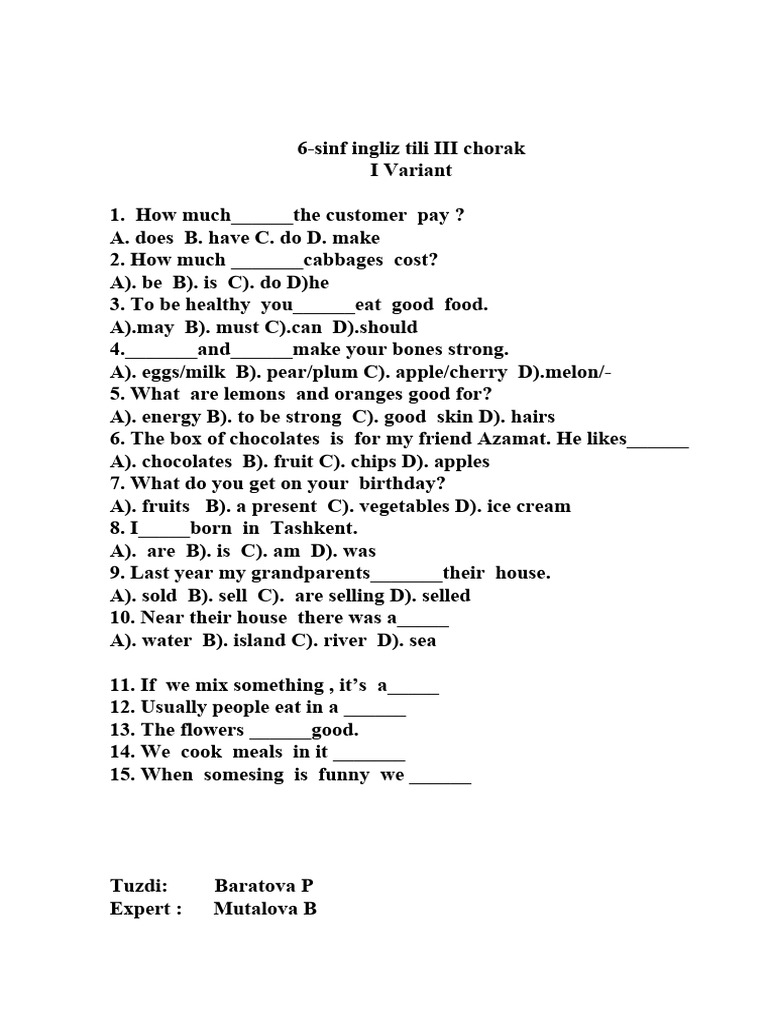6-Sinf Ingliz Tili III Chorak Test | PDF | Sports & Recreation | Wellness