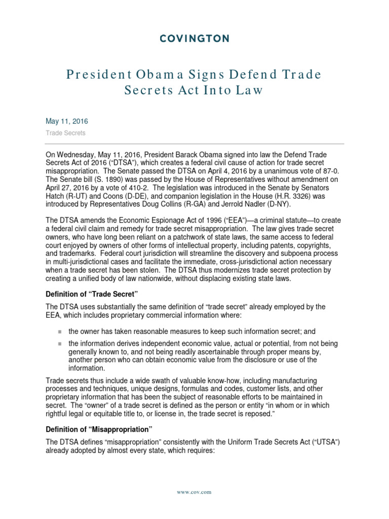 President Obama Signs Defend Trade Secrets Act Into Law | PDF | Trade ...
