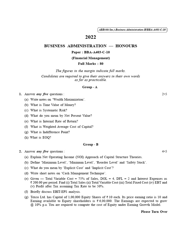 Financial Management Question Paper 2022 Sem IV | PDF | Cost Of Capital ...
