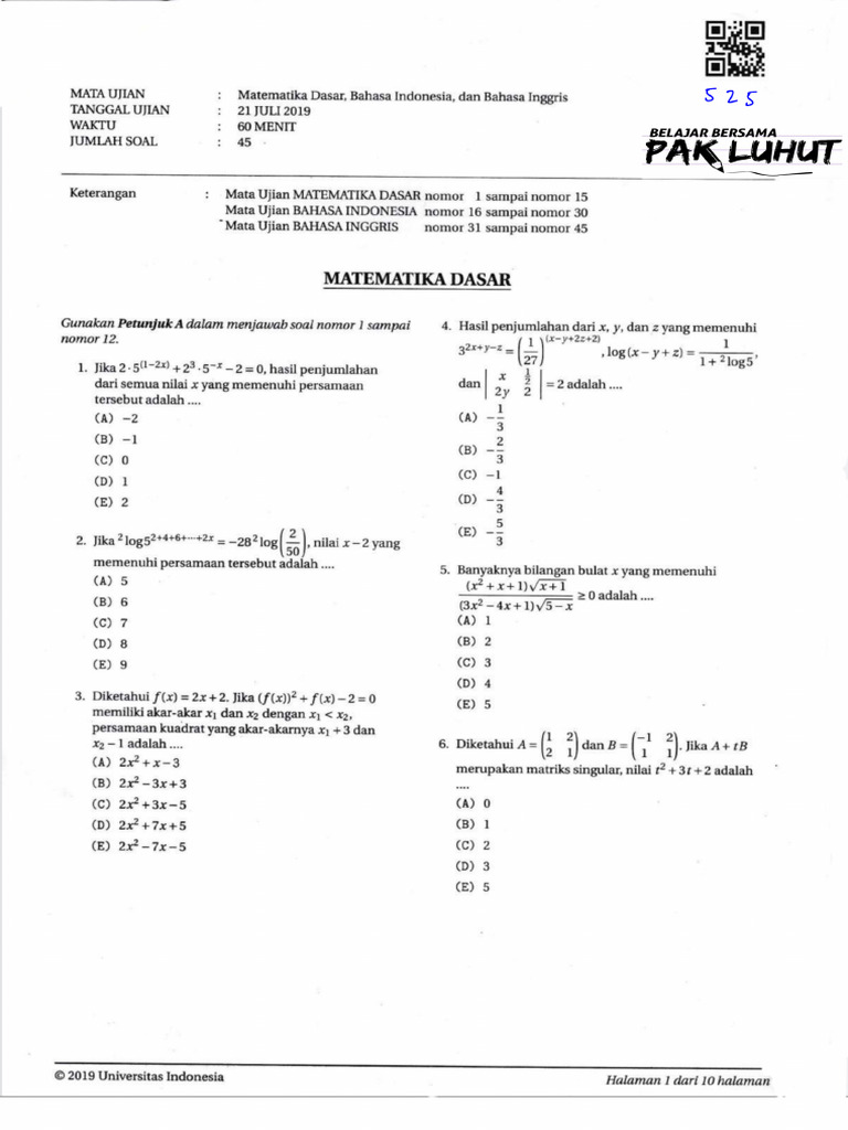 Pak Luhut - M. Dasar Simak UI 2019 Kode 525-1 | PDF