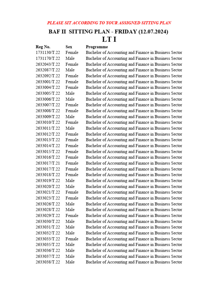 Baf Ii Sitting Plan - Friday (12.07.2024) | PDF | Accounting | Public Sphere