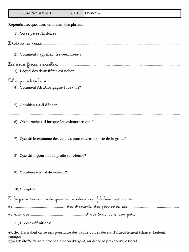 Questionnaire sur Ali Baba CE1 | PDF | Musique française | Compositions ...