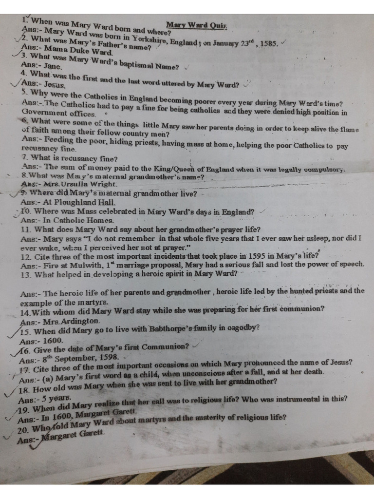 Mary Ward Question Answers | PDF
