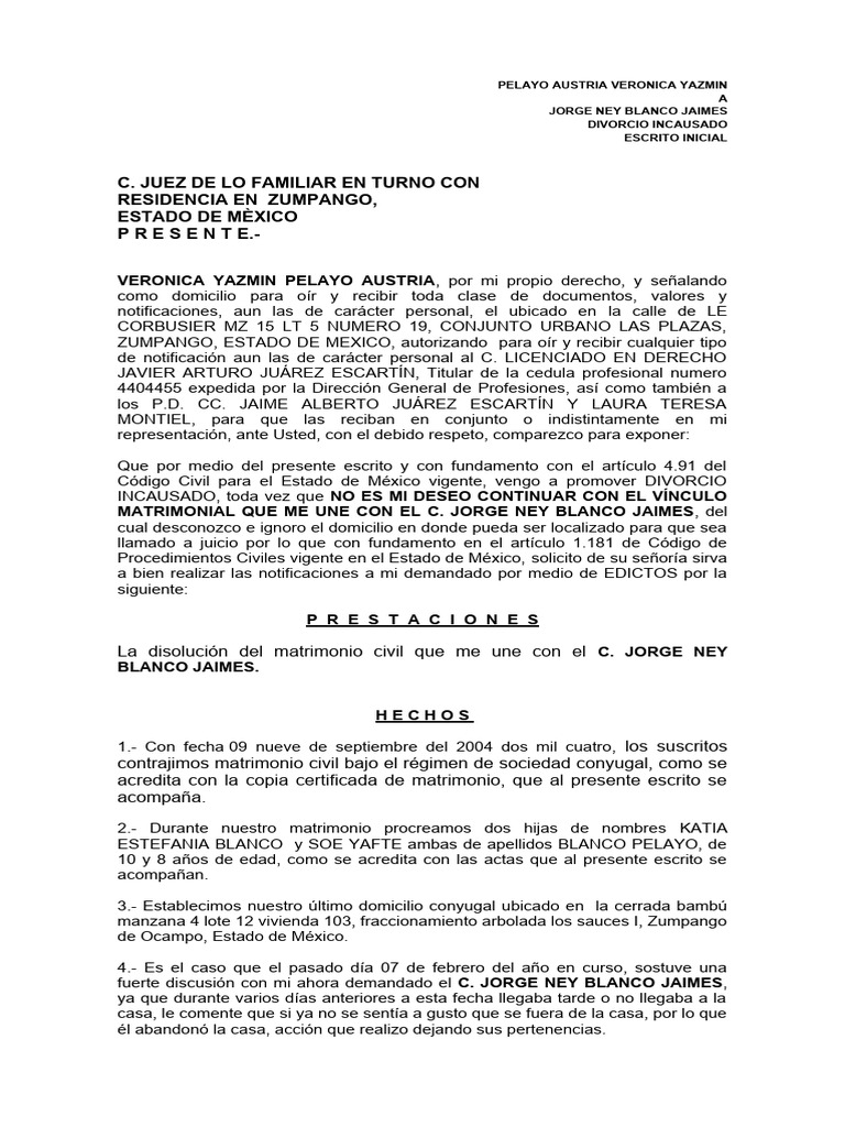 Modelo De Demanda De Divorcio Incausado Unilateral Descargar E Imprimir ...