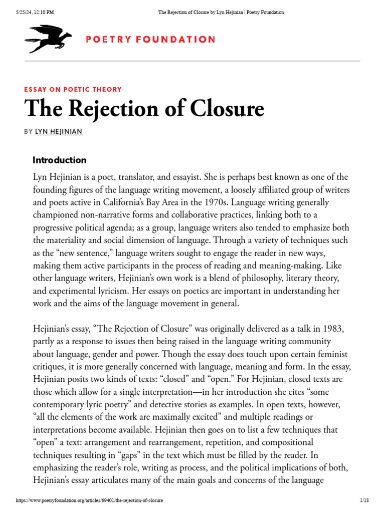 The Rejection of Closure by Lyn Hejinian - Poetry Foundation | PDF ...