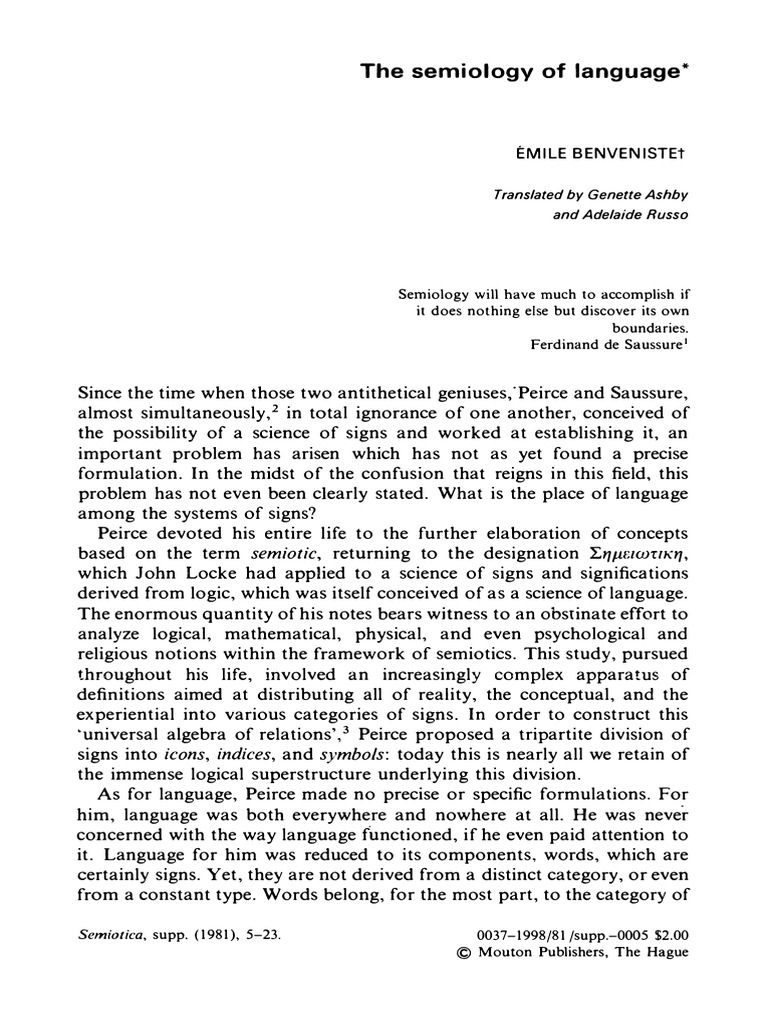 Emile Benveniste - The Semiology of Language | PDF | Semiotics | Linguistics