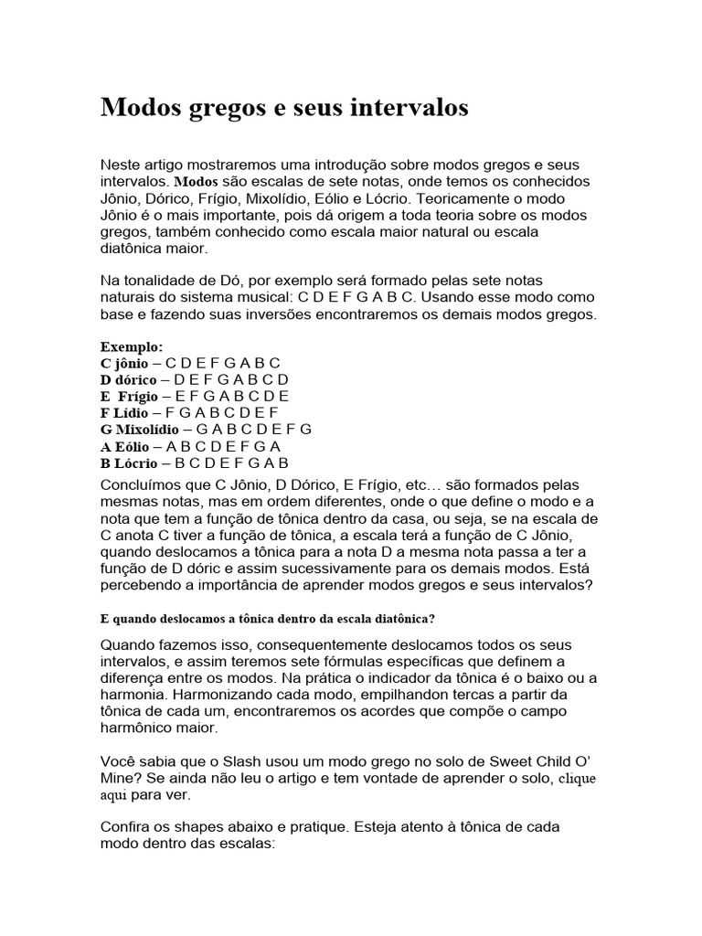 Modos Gregos E Seus Intervalos Pdf Escala Música Elementos Da