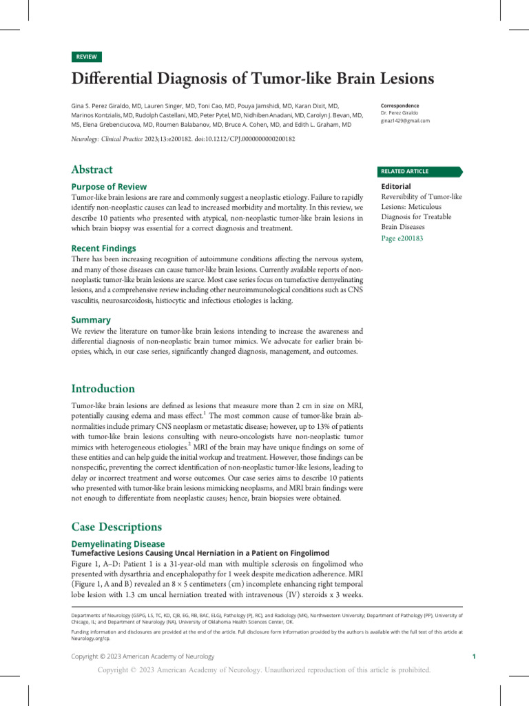 Differential Diagnosis of Tumor-Like Brain Lesions | PDF | Immunology ...