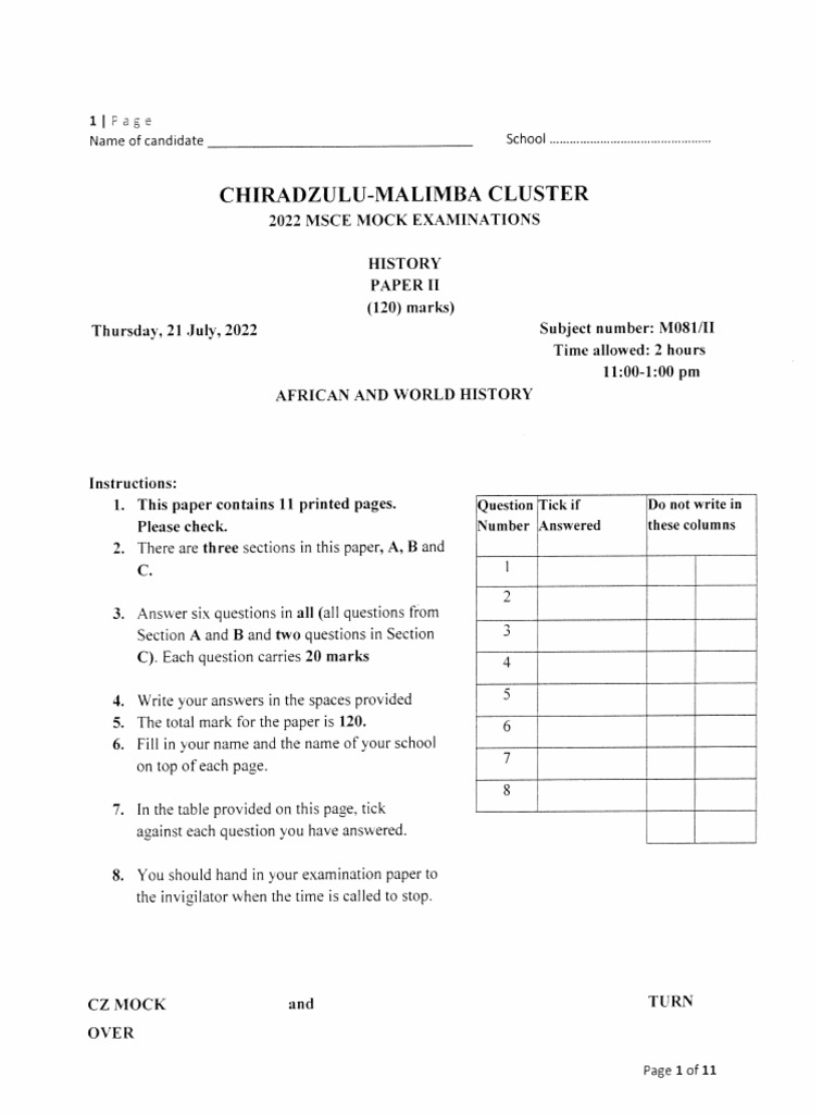 2022 CZ - History Paper Ii Msce Mock | PDF